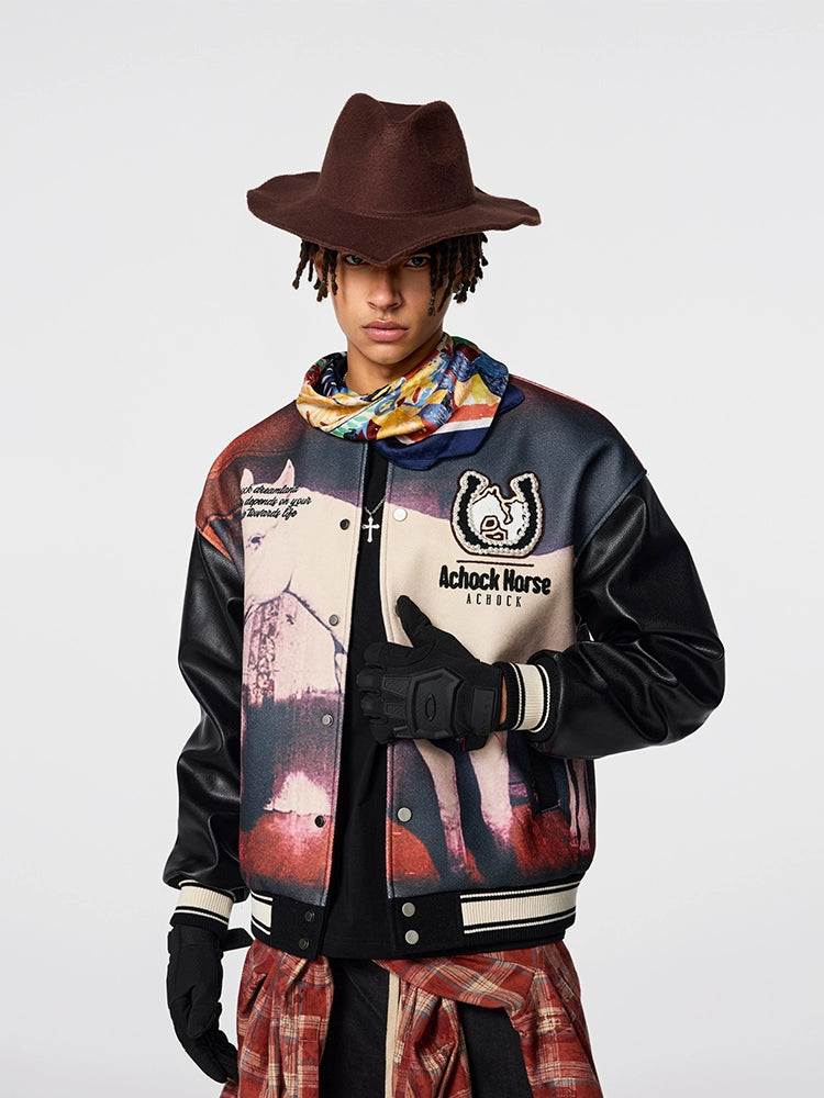 Achock Western Cowboy Full Print PU Leather Varsity Jacket – Face 3 Face