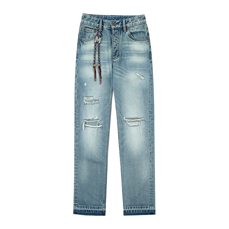 MEDM Labeled Drawstring Washed Hole Denim Pants – Face 3 Face